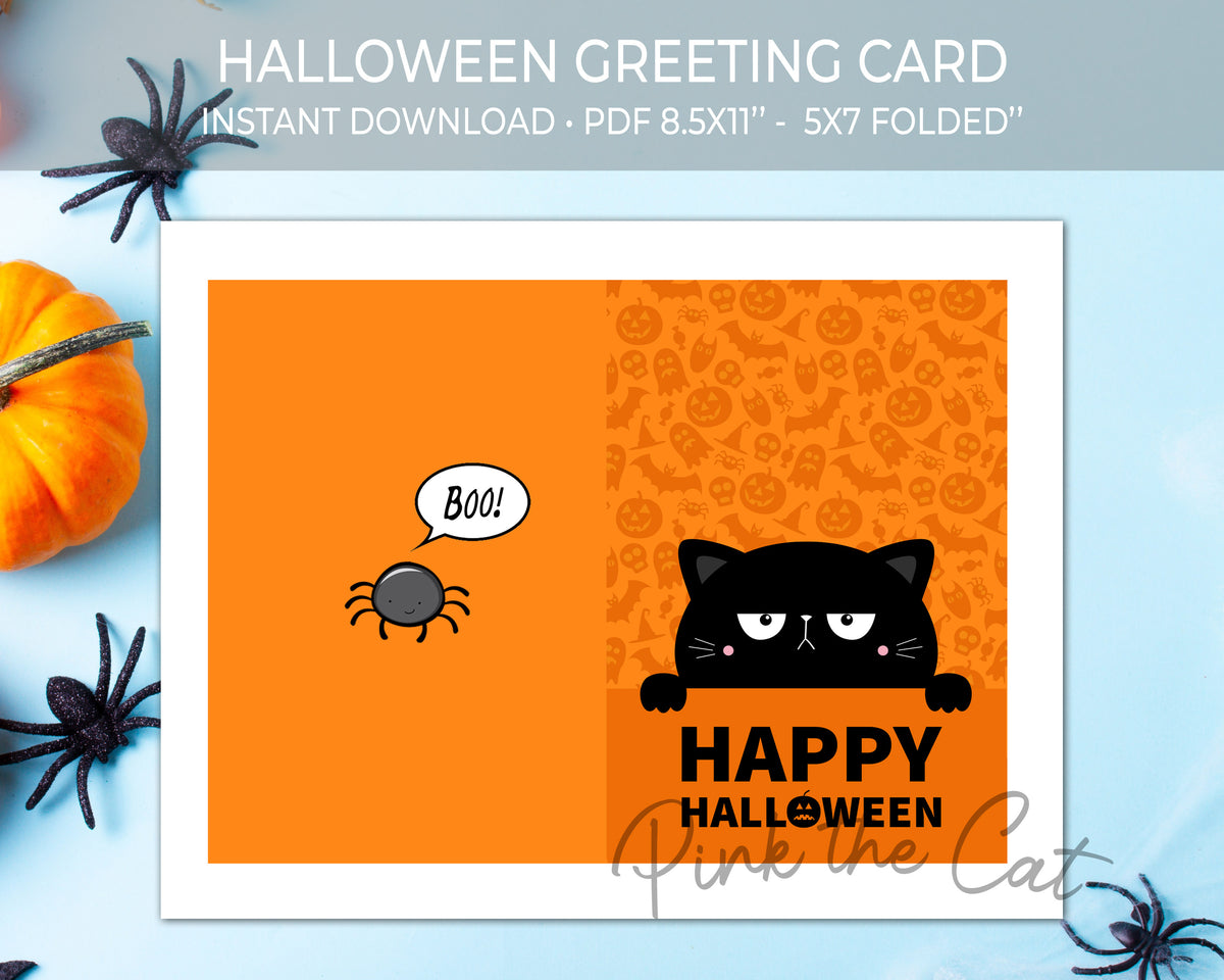 Halloween greeting card template for kids friends black cat printable ...