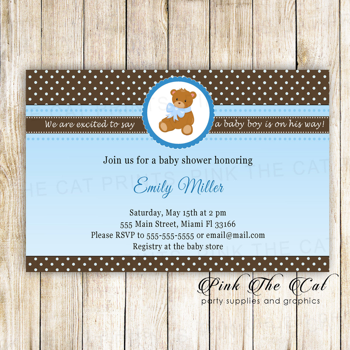 Bear boy baby shower invitations printable personalized bue brown dots ...