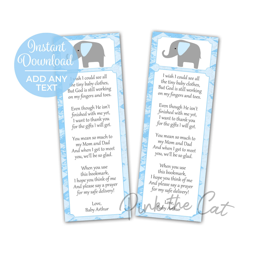Elephant Bookmarks Boy Baby Shower Favors Blue Gray Printable – Pink ...
