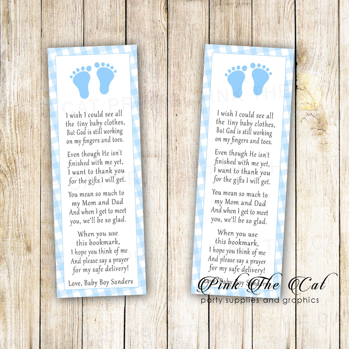 Bookmarks gingham baby shower printable girl boy pink or blue custom ...