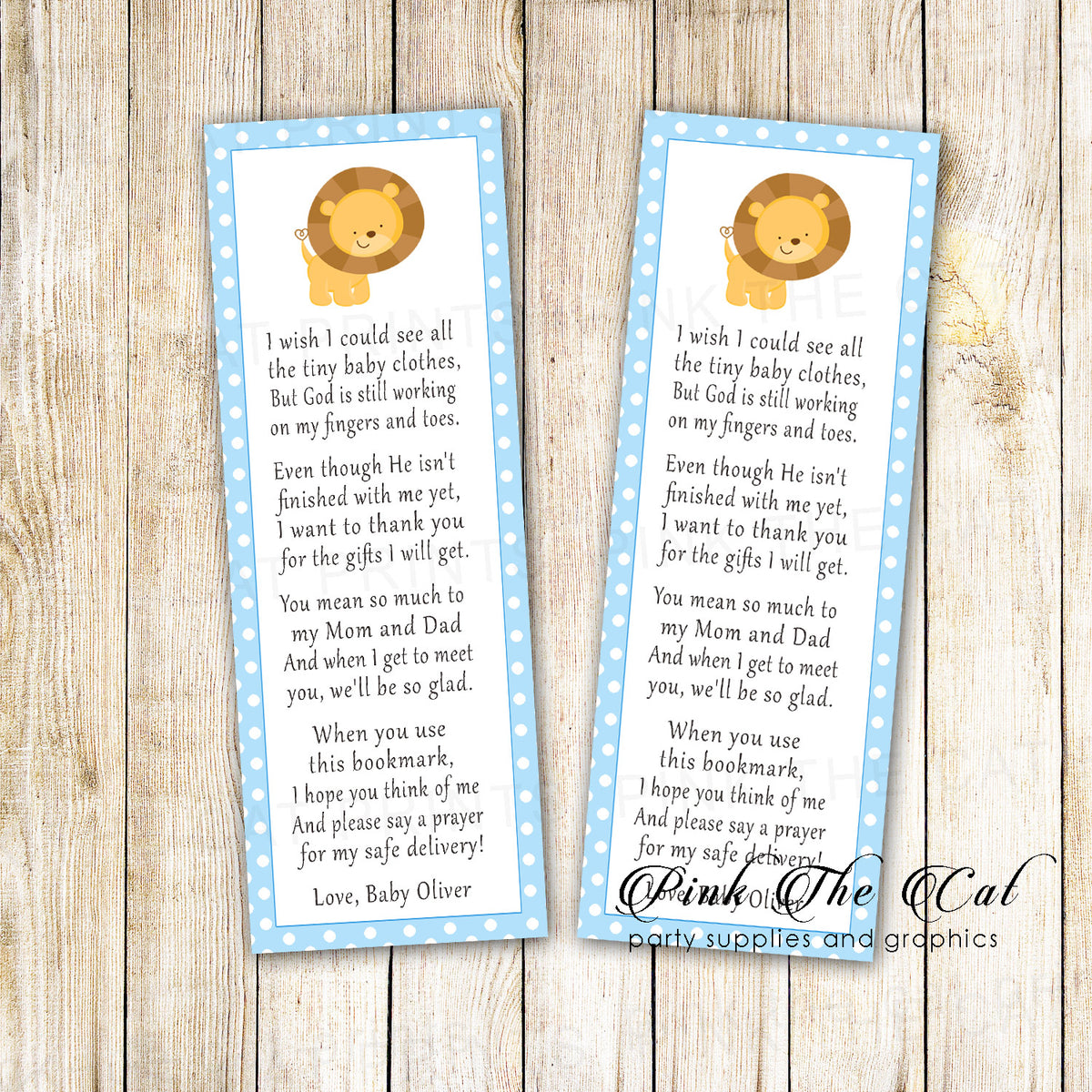 Bookmarks blue polka dots lion cub baby shower printable personalized ...