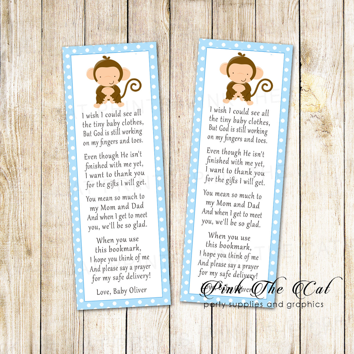 Bookmarks blue polka dot monkey boy baby shower printable personalized ...