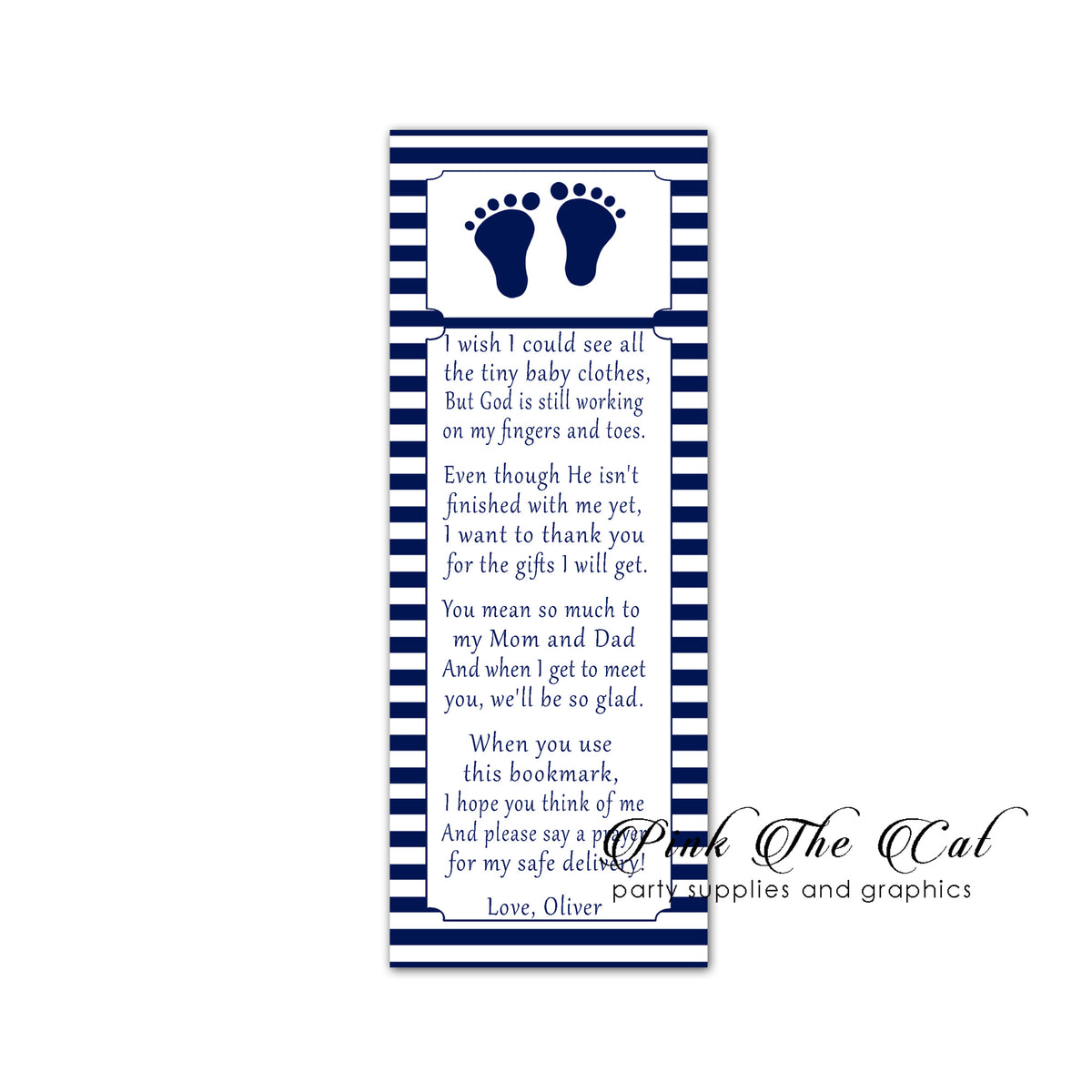 25 Bookmarks Navy Blue White Stripes Footprints Baby Shower Favors ...