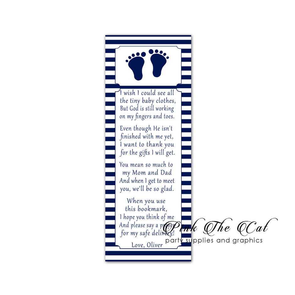 25 Bookmarks Navy Blue White Stripes Footprints Baby Shower Favors ...