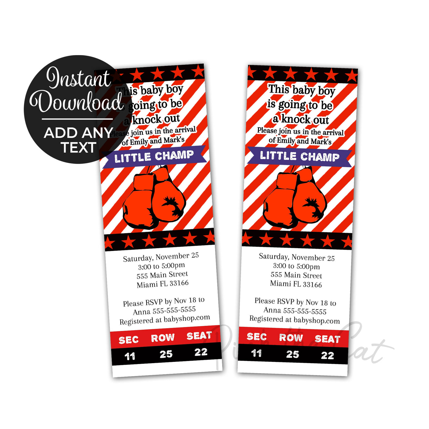 Boxing invitation birthday or baby shower printable ticket template ...