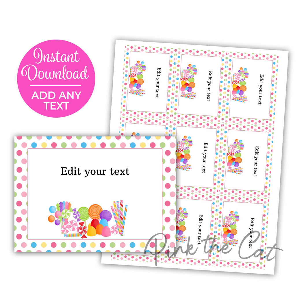 Candy theme favor label tag small card kids birthday printable – Pink ...