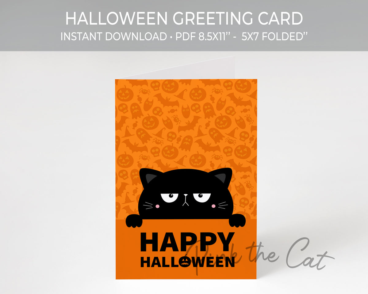 Halloween greeting card template for kids friends black cat printable ...