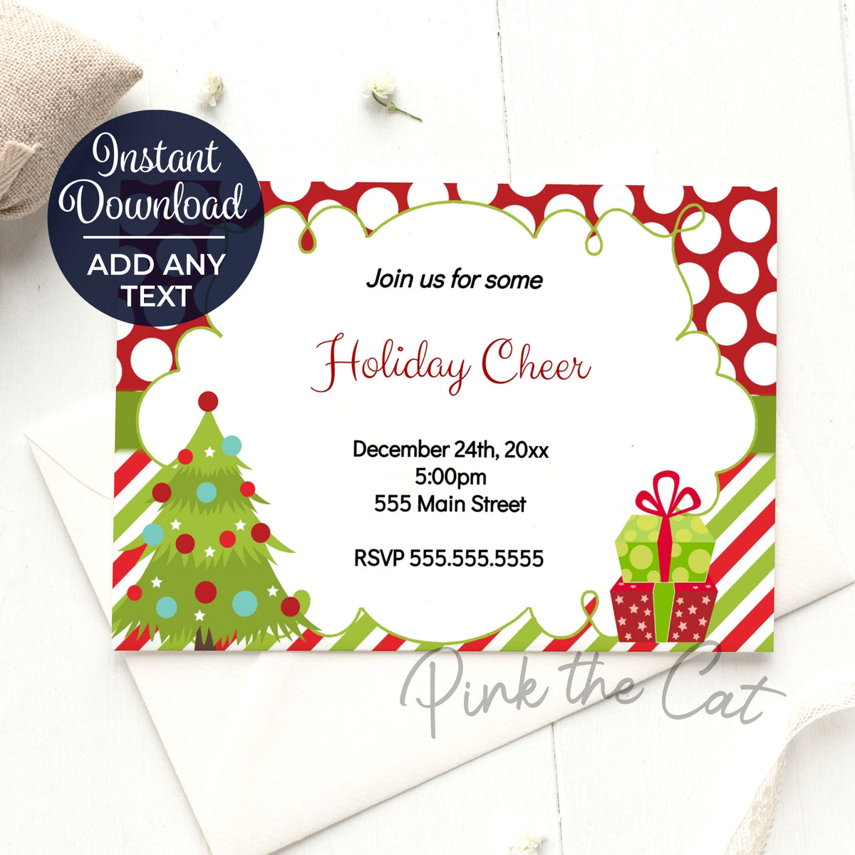 Christmas cheer party invitation printable editable template – Pink the Cat