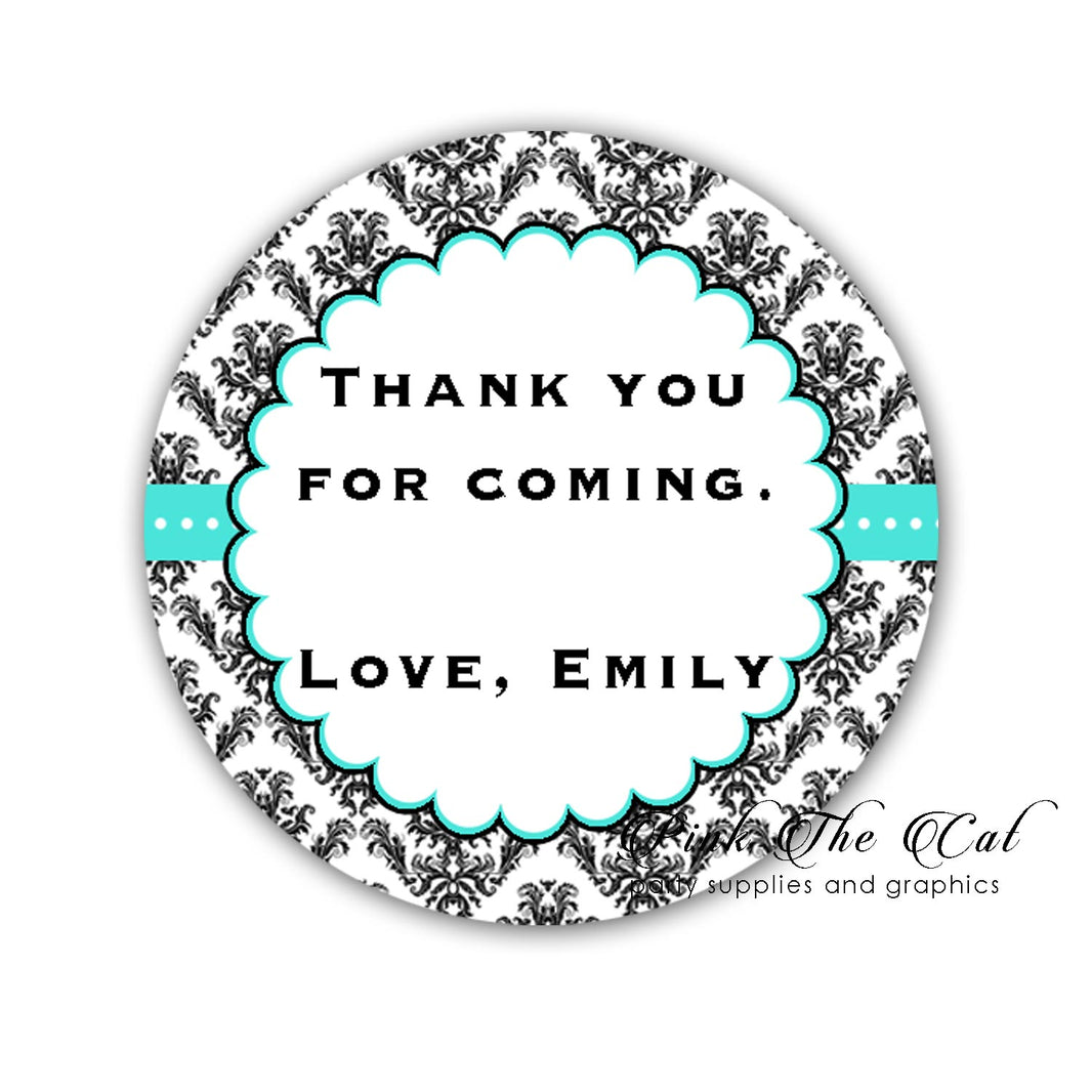 Teal black damask favor labels adult birthday personalized printable ...