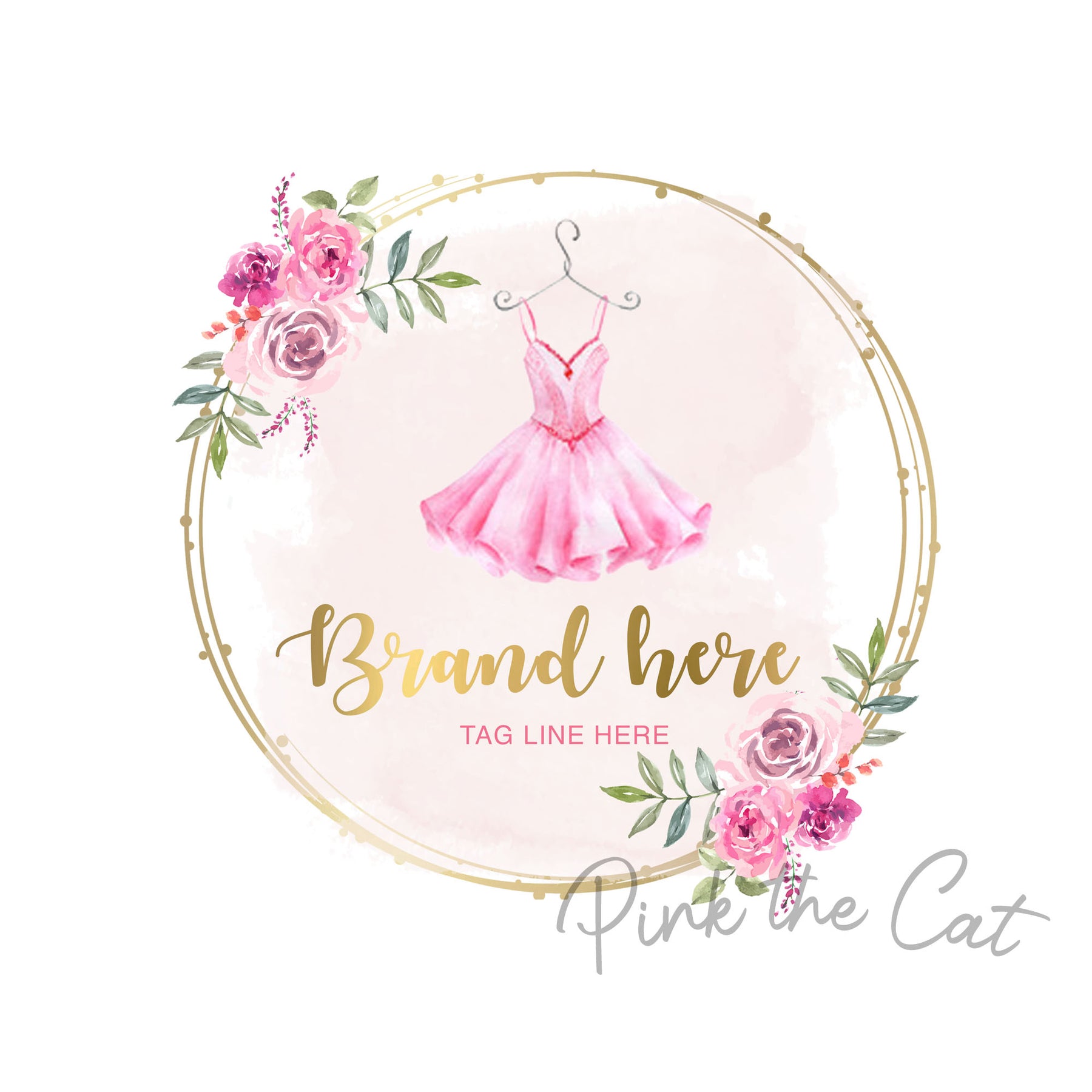 GIrl dress logo floral boutique watercolor pink and gold – Pink the Cat