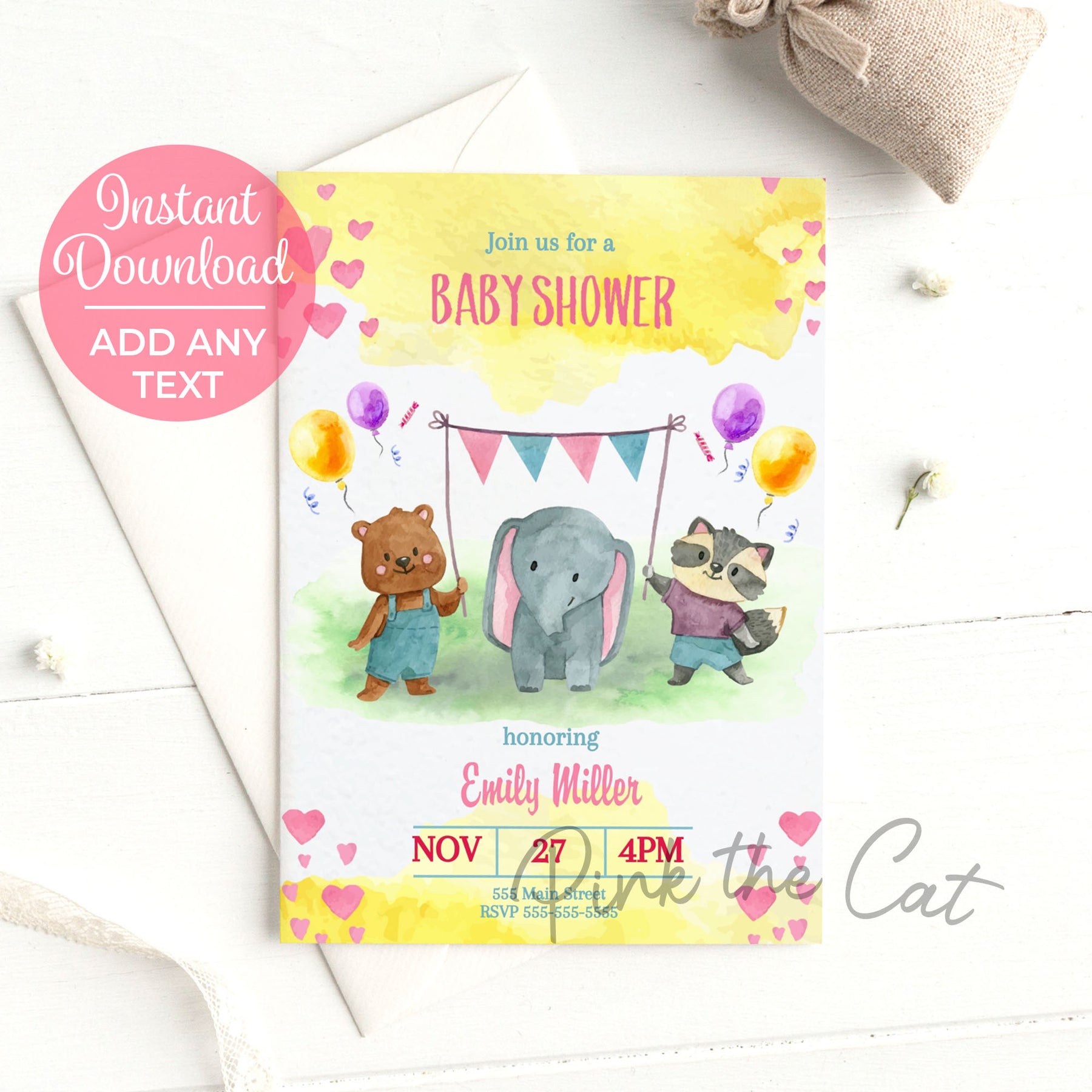 Cute Animals Hearts Invitation Template Baby Girl Shower Printable ...