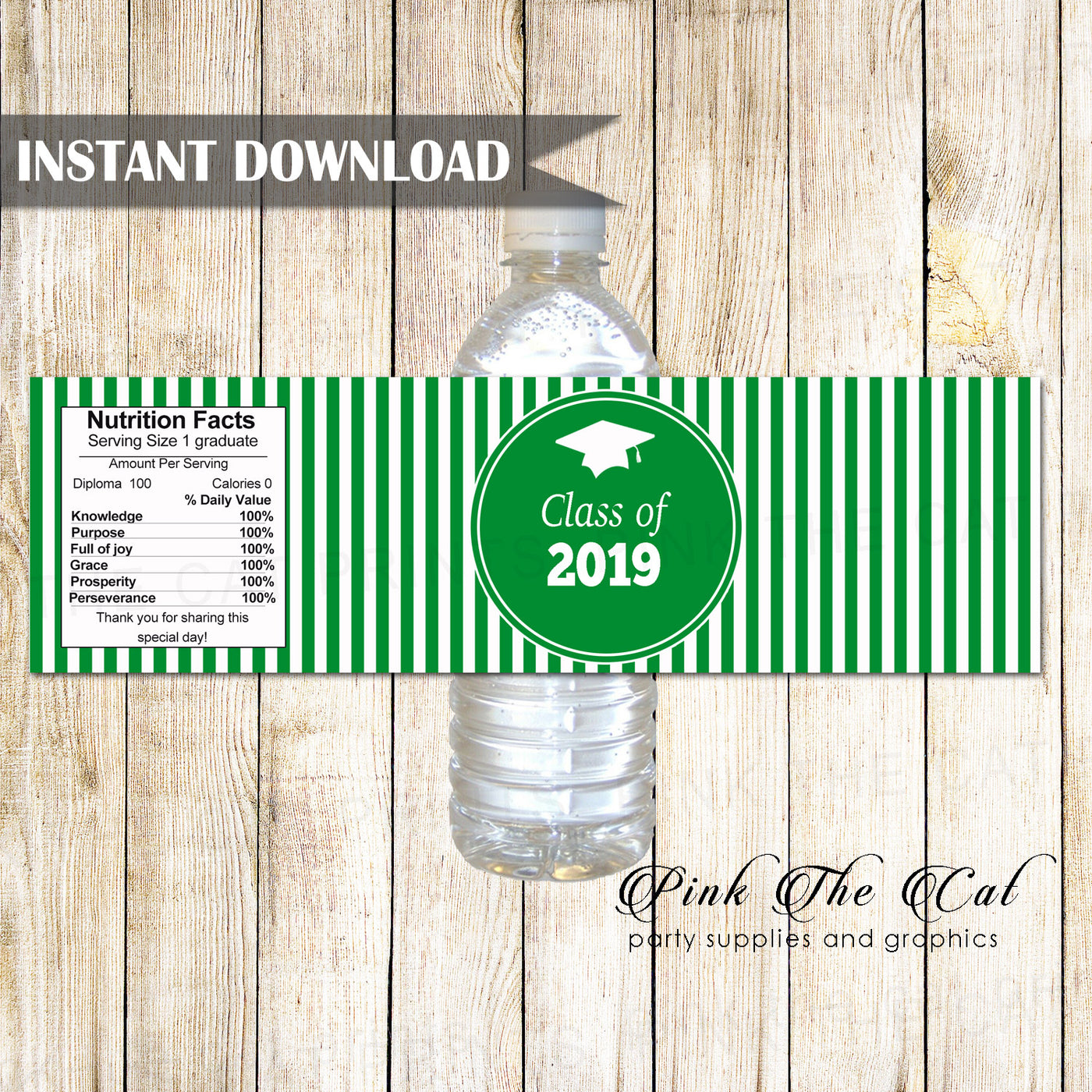 Graduation 2019 water bottle label green white printable – Pink the Cat