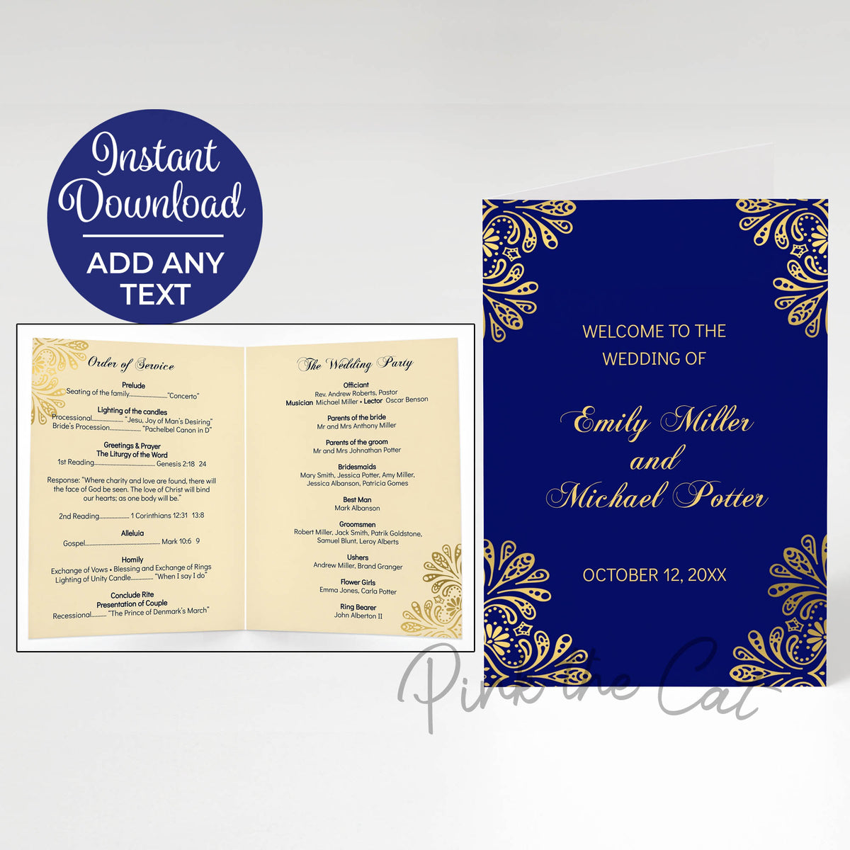 Wedding program template navy blue gold abstract floral printable ...