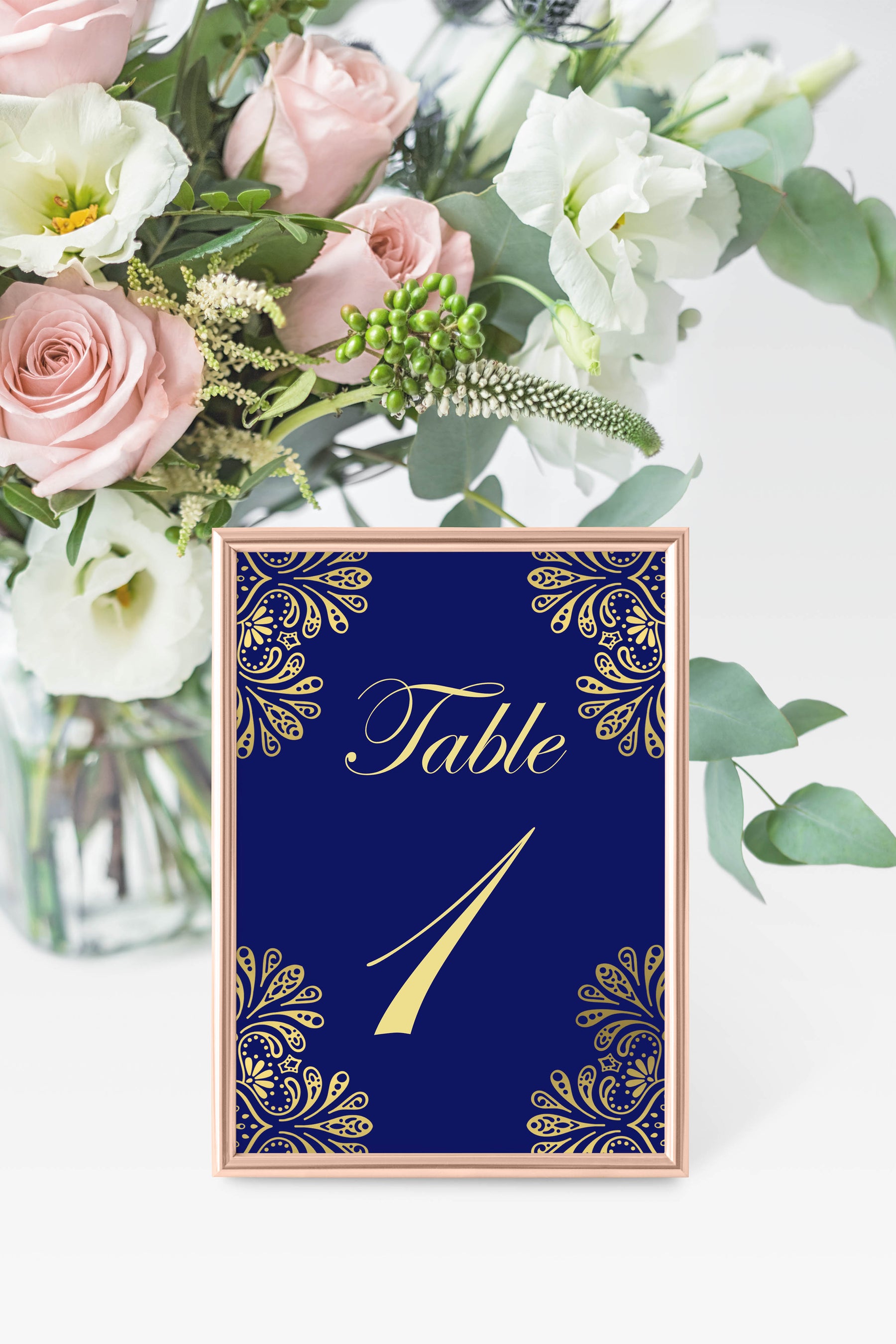 Wedding table numbers floral gold navy blue printable instant download ...