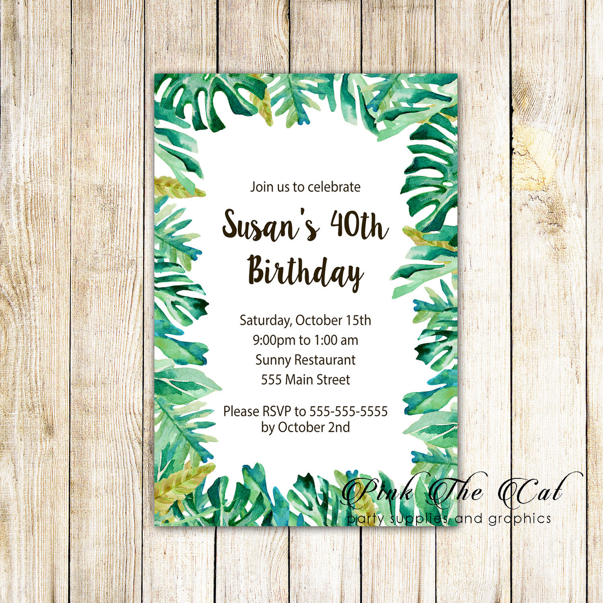 Botanical Birthday Invitation Tropical Leaves Printable Personalized ...