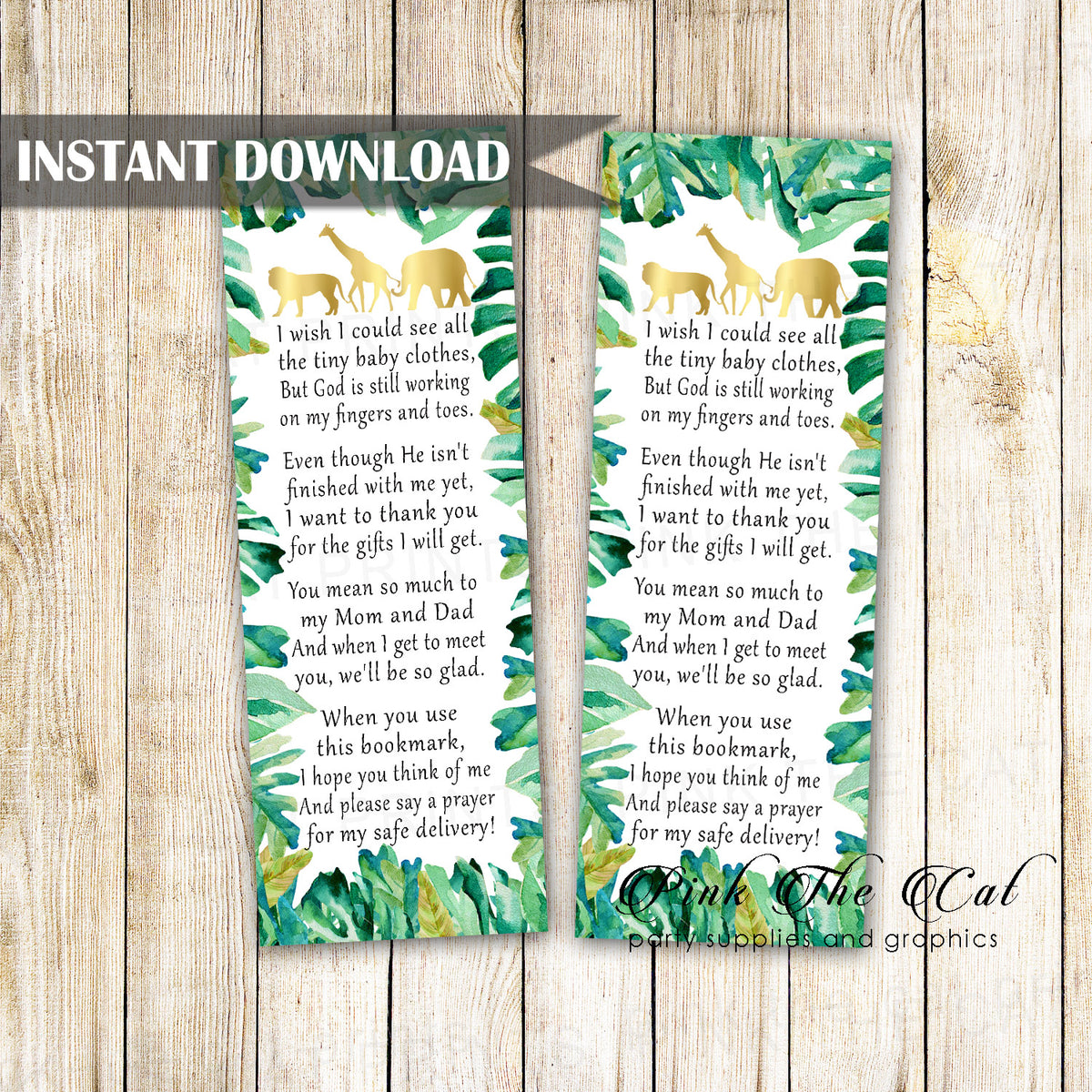 Safari Jungle Bookmark Green Gold Printable Instant Download – Pink the Cat