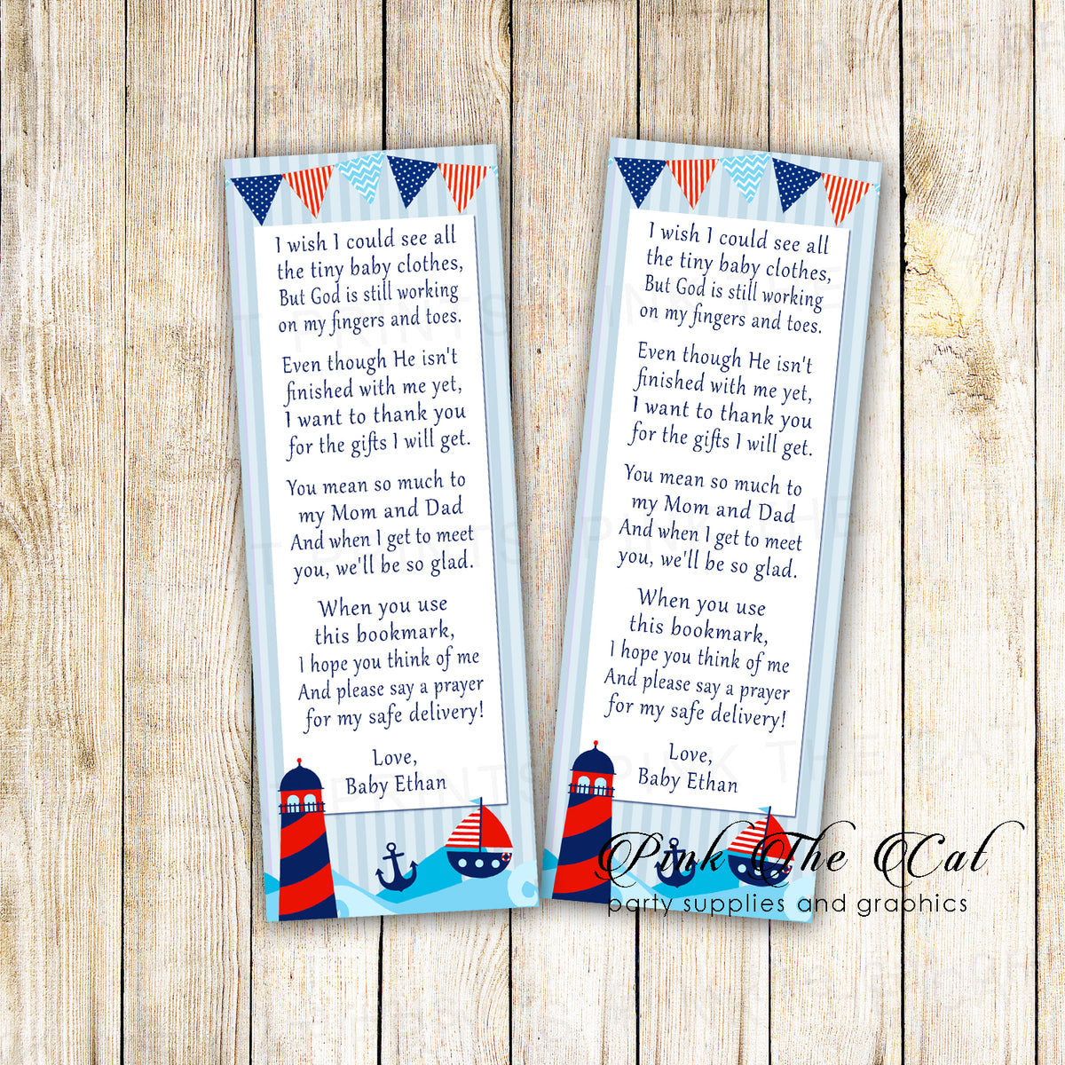 Nautical bookmark baby shower favors printable personalized – Pink the Cat