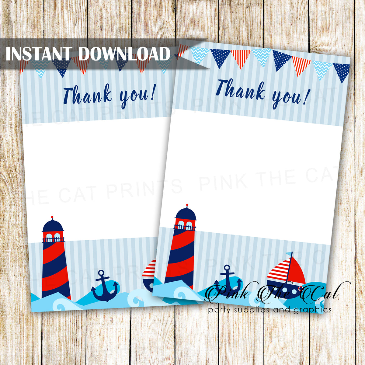 Nautical thank you card blank printable instant download now – Pink the Cat