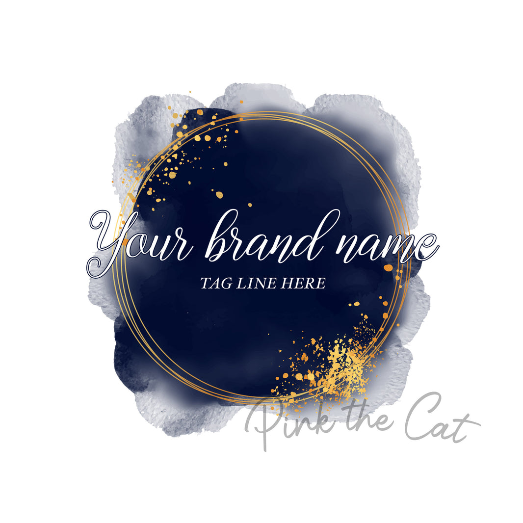 Navy blue gold watercolor logo personalized premade design – Pink the Cat