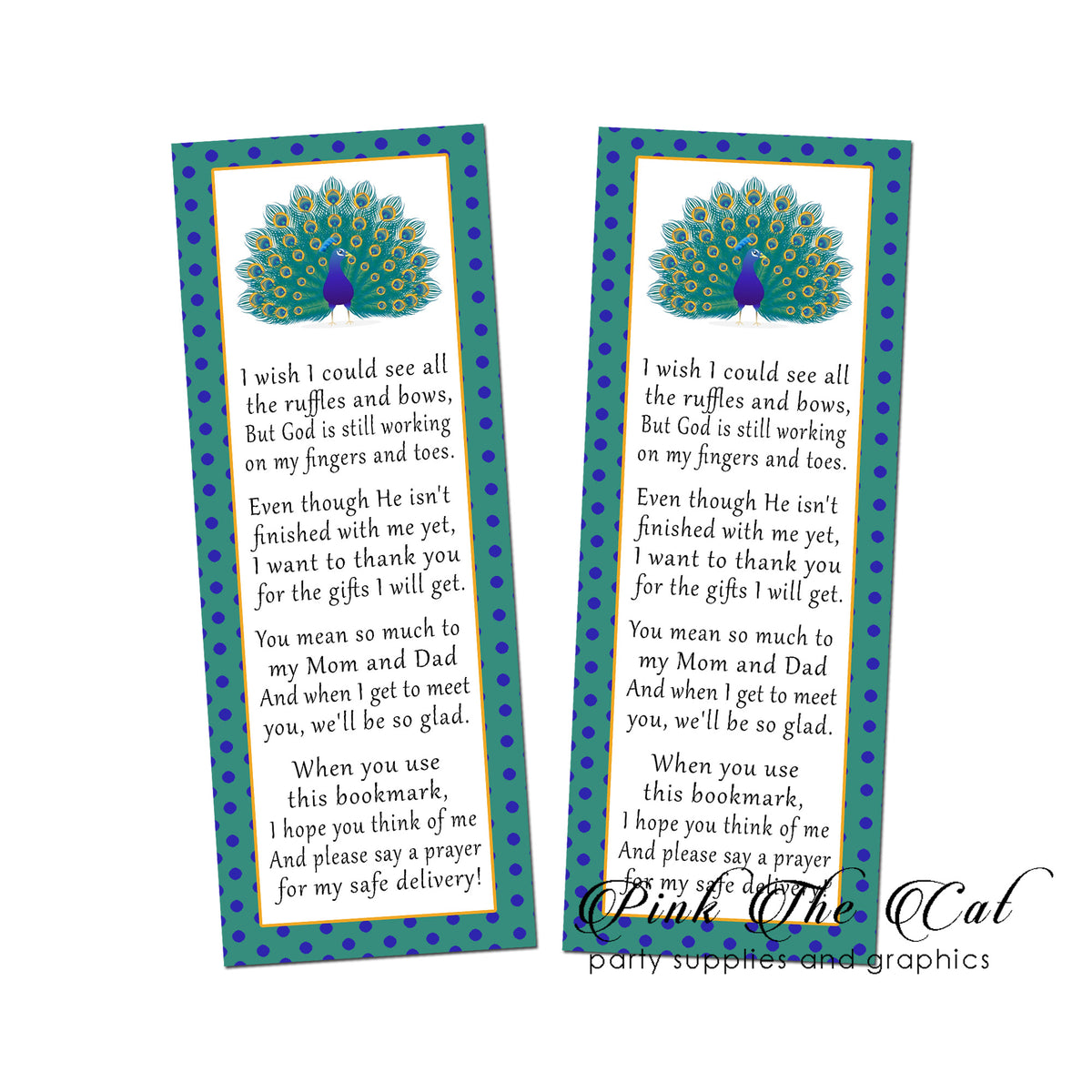 Peacock bookmarks purple teal printable baby shower favors – Pink the Cat