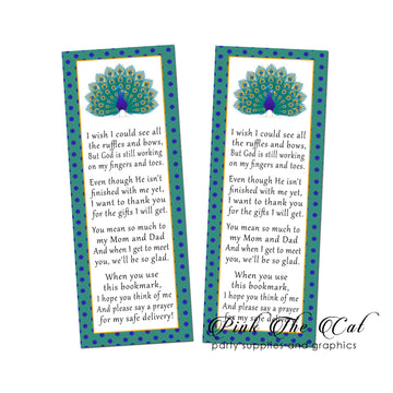 Peacock bookmarks purple teal printable baby shower favors – Pink the Cat
