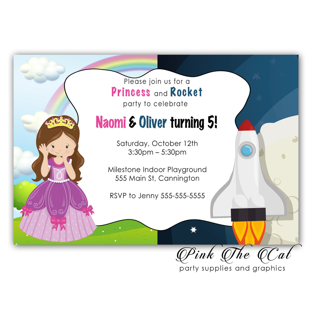 Princess rocket space ship kids birthday invitations printable – Pink ...