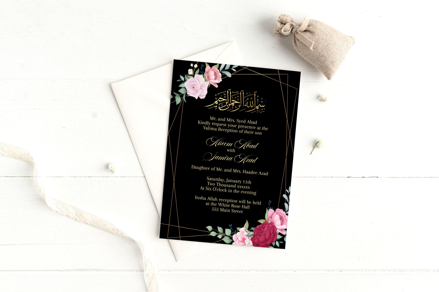 Nikah Walima ceremony invitations muslim wedding card black gold roses ...