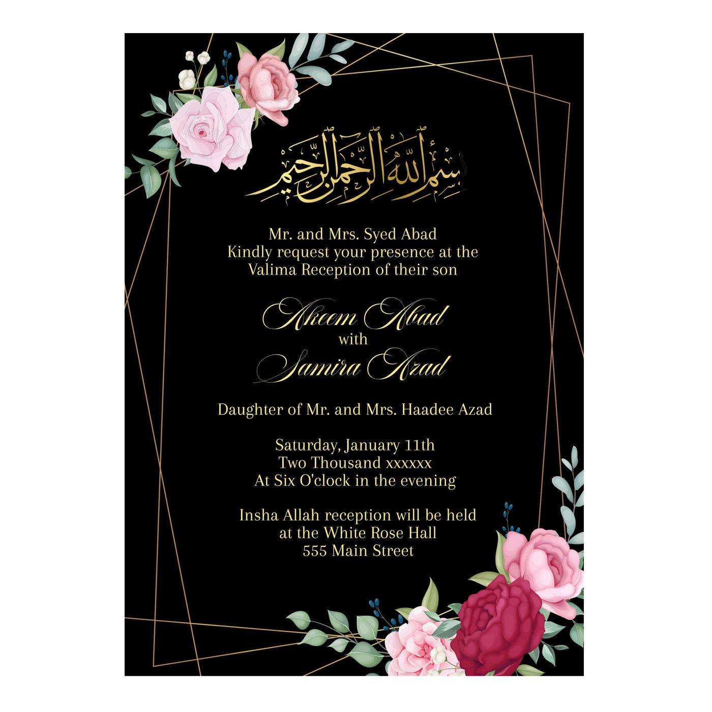 Nikah Walima ceremony invitations muslim wedding card black gold roses ...