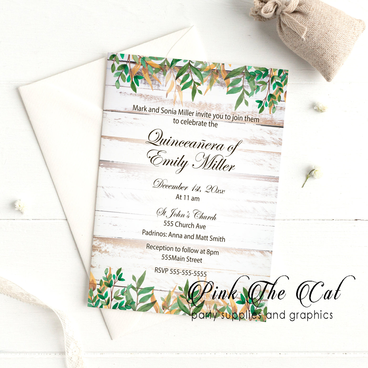 100 Rustic greenery quinceañera invitations personalized vintage theme ...