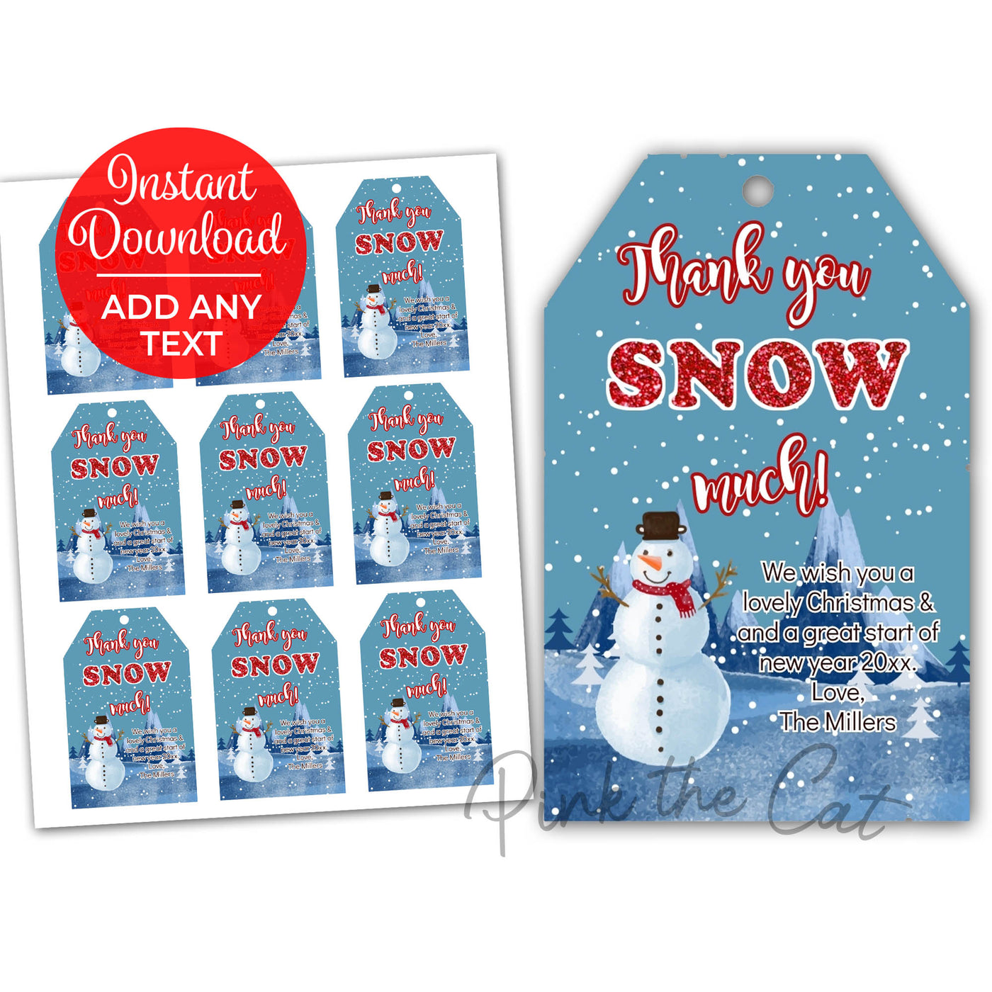 Snowman christmas holiday thank you snow much printable tag – Pink the Cat