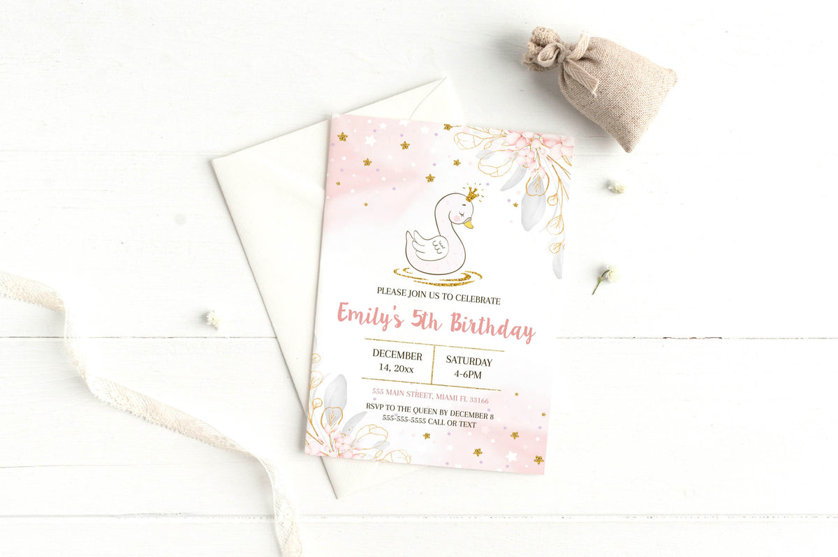 Swan Invitation Birthday Party Glitter Blush Pink Printable Template ...